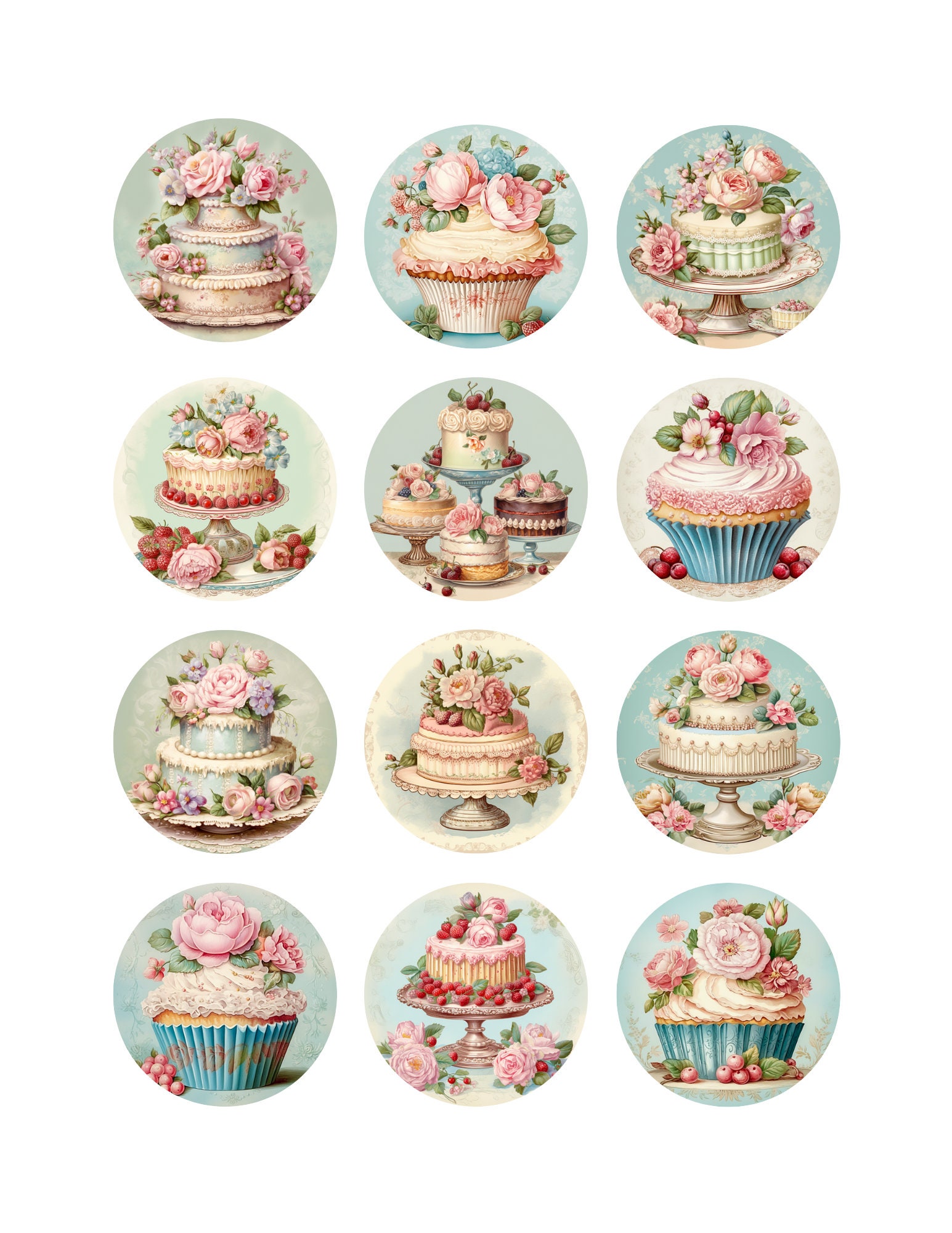 24 Vintage Cake Desserts Round Stickers Printable Desserts Stickers for ...