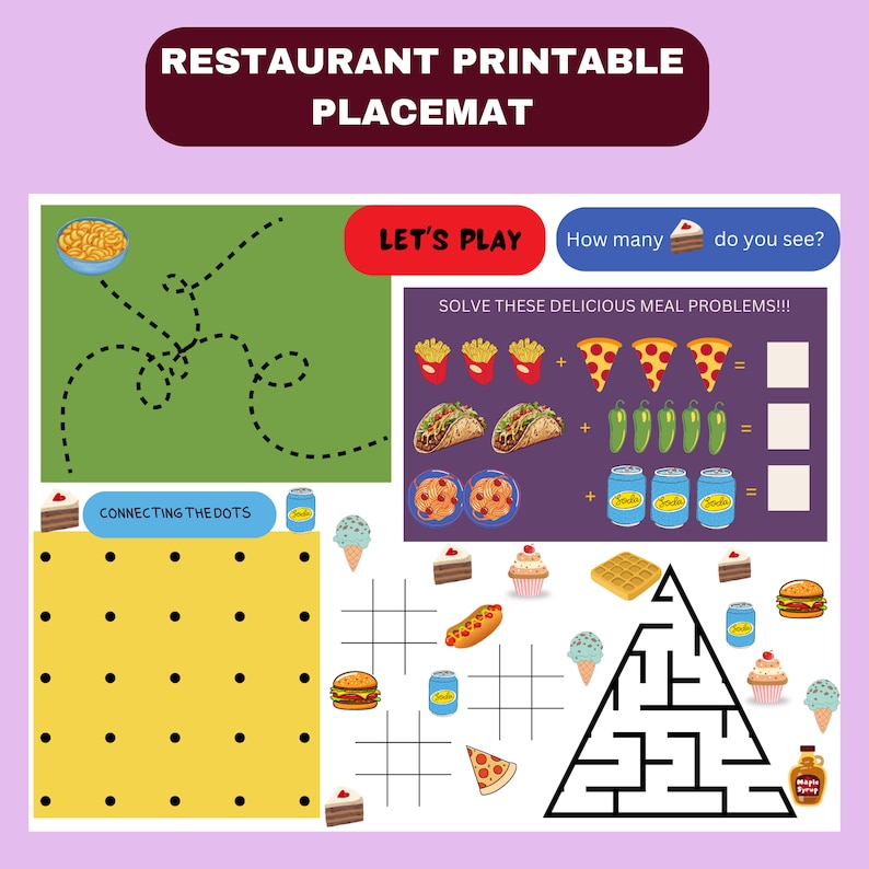 Restaurant Printable Placemat, Fast Food Printable Placemat, Kids ...