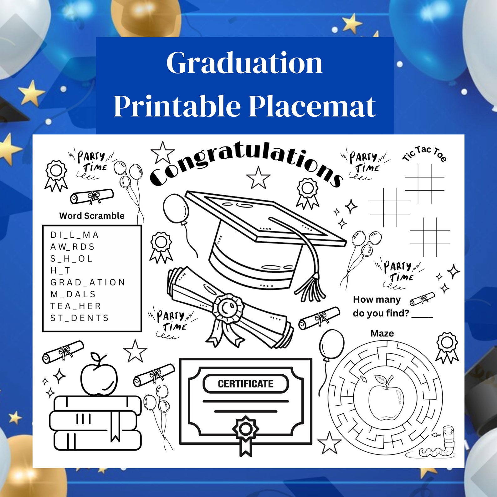 Graduation Party Printable Placemat/ Kids Activity Mat/ Printable ...