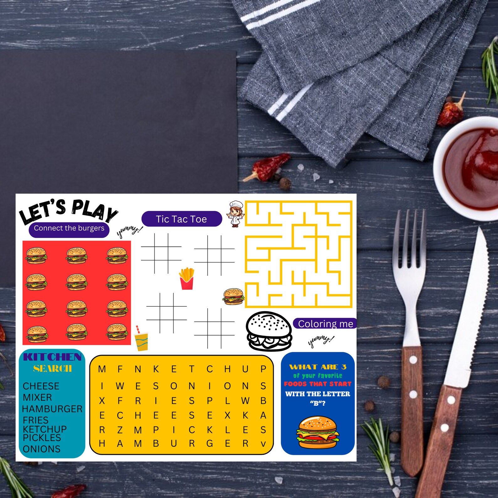Burger Restaurant Printable Placemat, Summer Party Activity Placemat ...