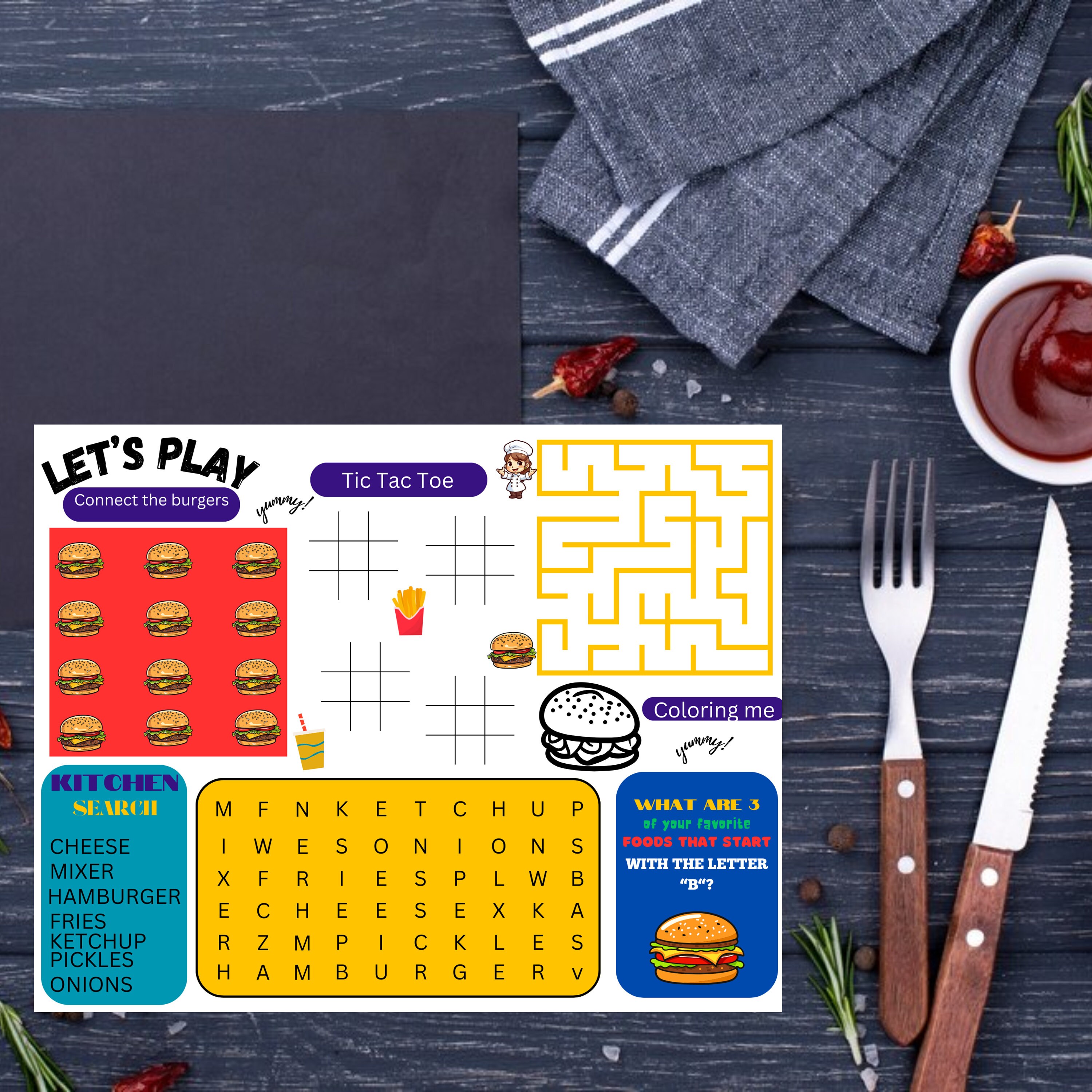 Burger Restaurant Printable Placemat, Summer Party Activity Placemat ...