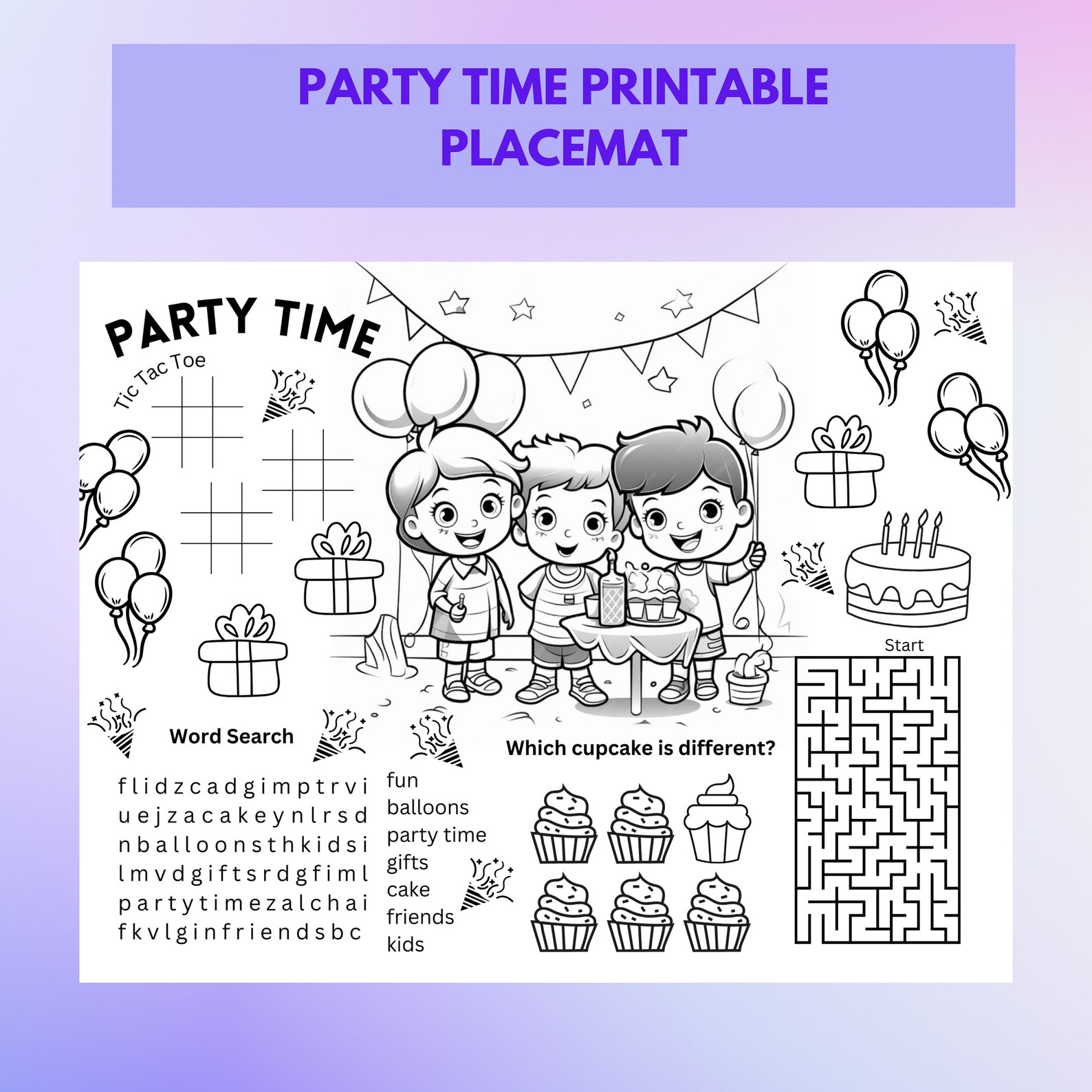 Party Time Printable Placemat for Kids/party Activity Mat for Kids ...
