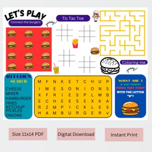 Burger Restaurant Printable Placemat, Summer Party Activity Placemat ...