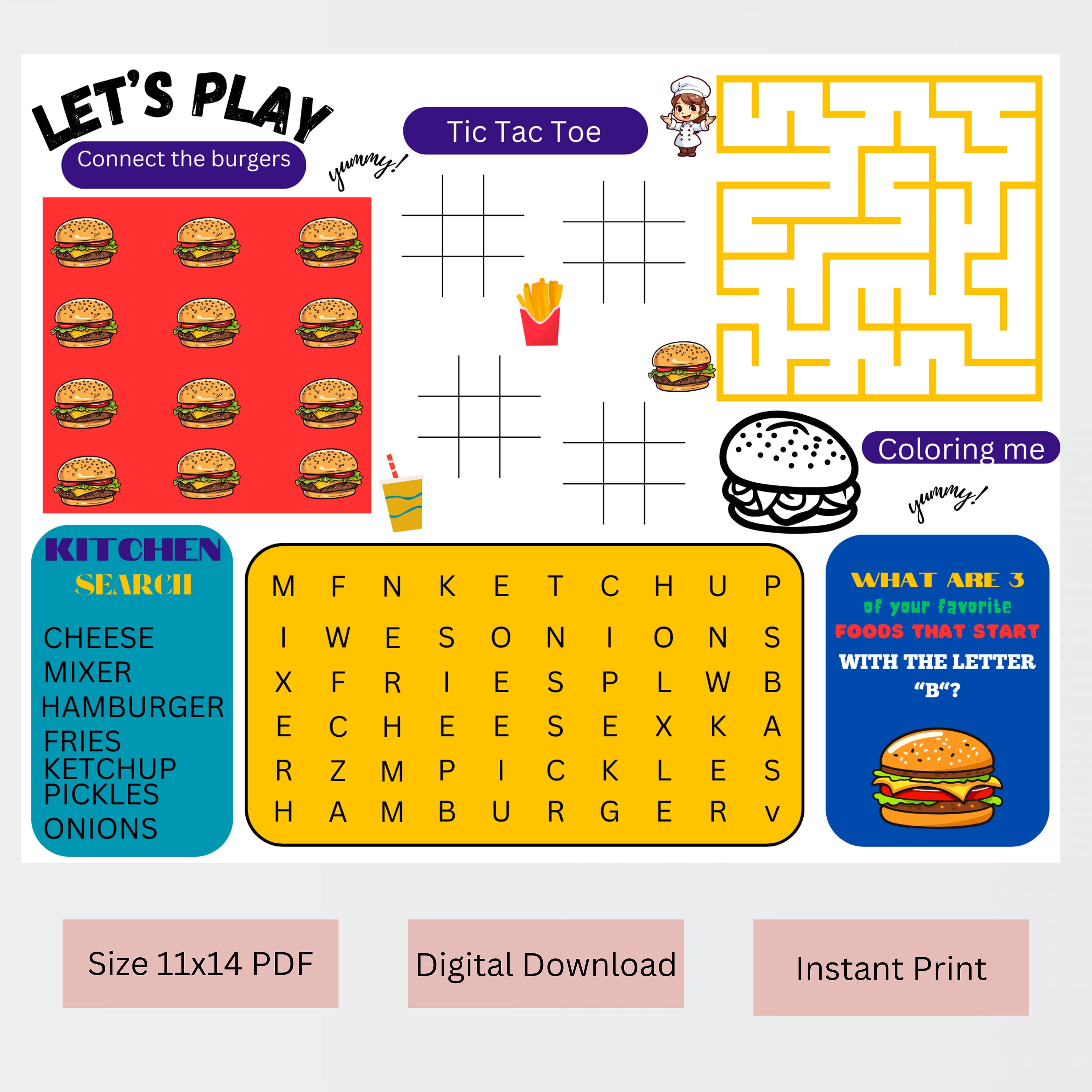 Burger Restaurant Printable Placemat, Summer Party Activity Placemat ...