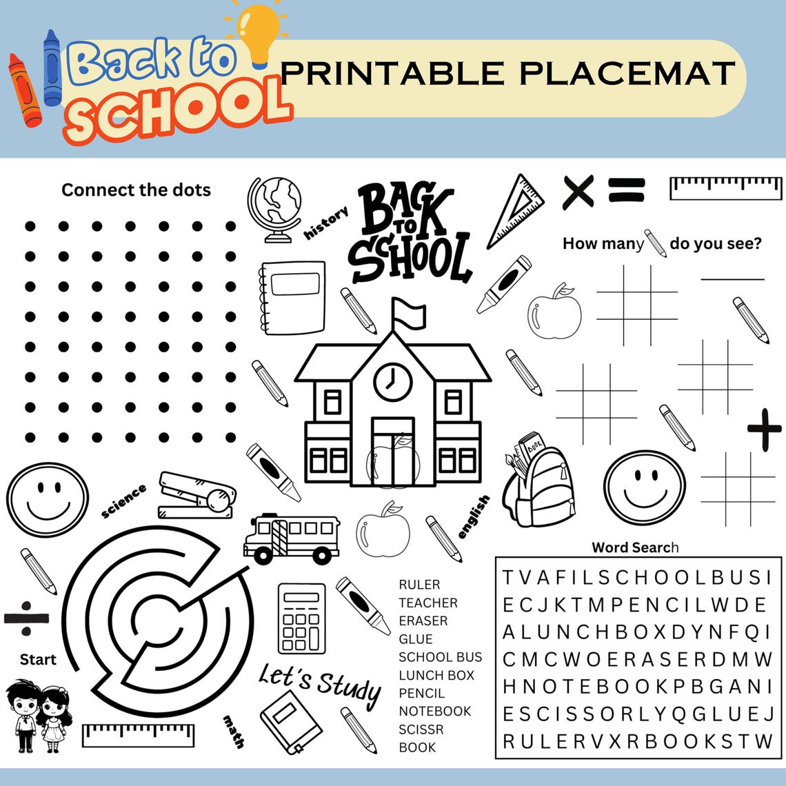 Back to School Printable Placemat/ Printable Activities for Kids/ Child ...