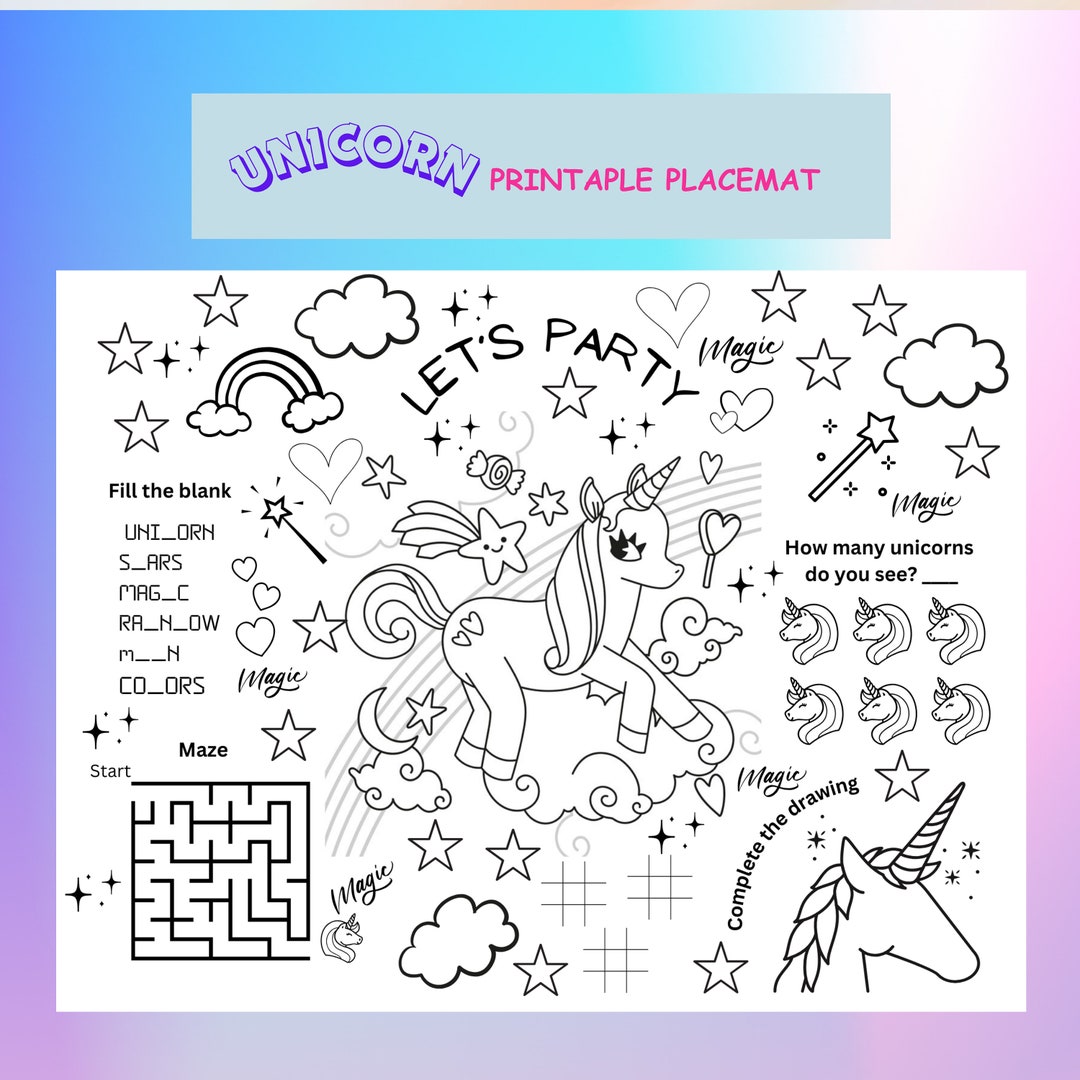 Unicorn Printable Placemat for Kids Activity Mats Coloring Placemat for ...