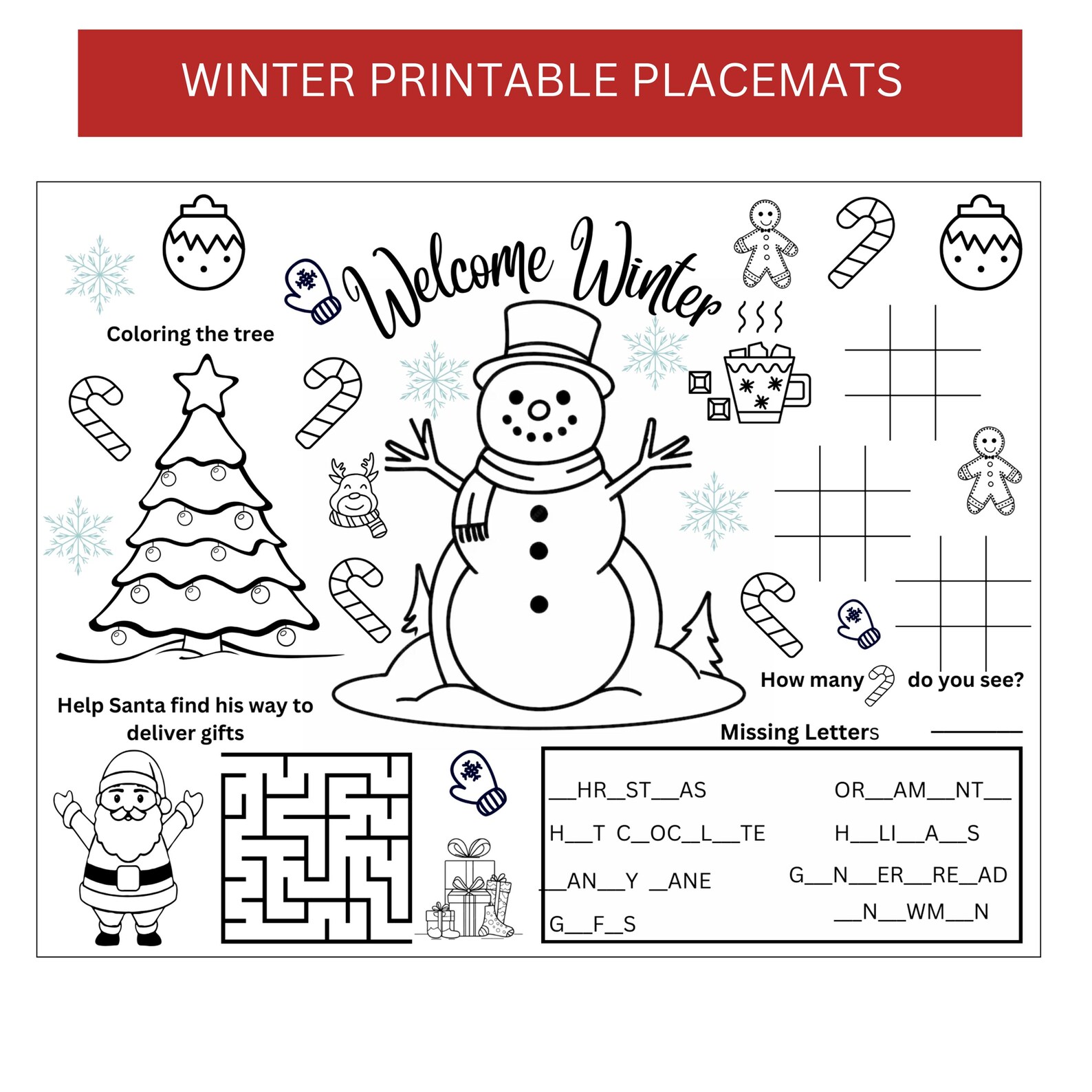 Winter Printable Placemat, Winter Activity Placemat, Christmas Coloring ...