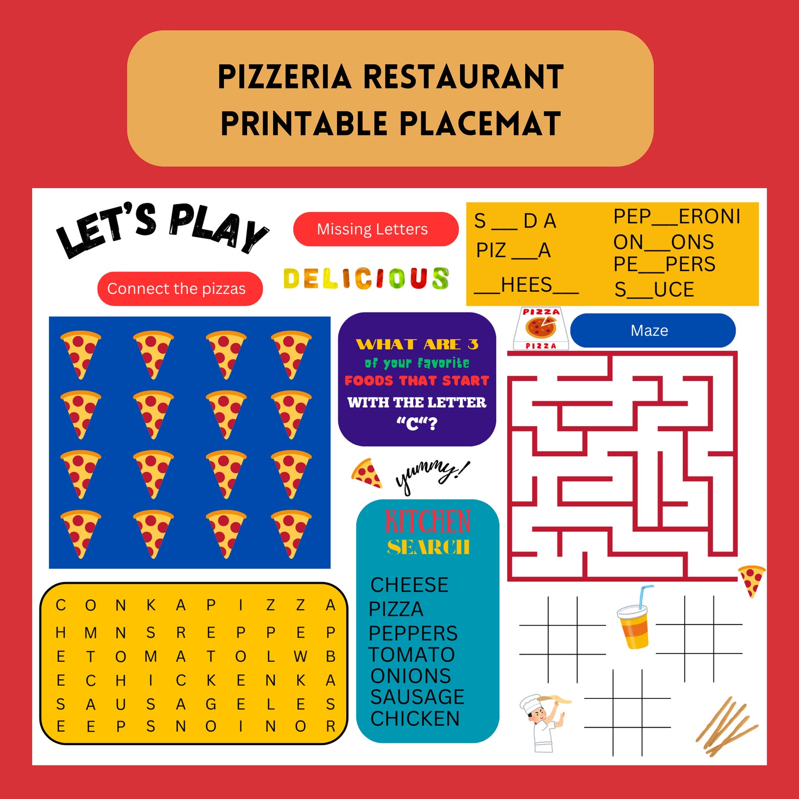 Pizzeria Restaurant Printable Placemat for Kids, Kids Activity Sheet ...