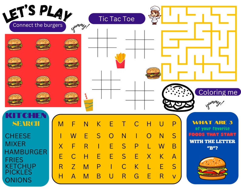 Burger Restaurant Printable Placemat, Summer Party Activity Placemat ...