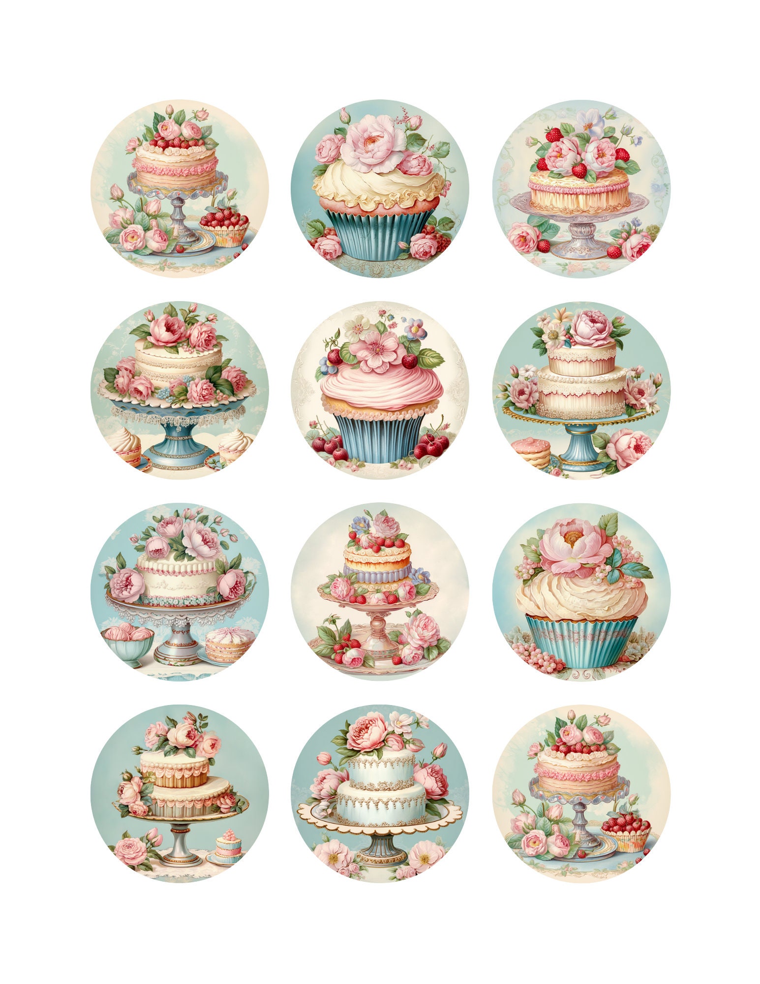 24 Vintage Cake Desserts Round Stickers Printable Desserts Stickers for ...