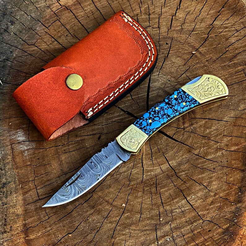 Southwestern Inlay Knife Turquoise Inlay With Damascus Blade Brass ...