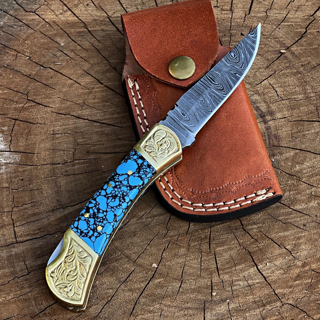 Southwestern Inlay Knife - Turquoise Inlay With Damascus Blade Brass ...