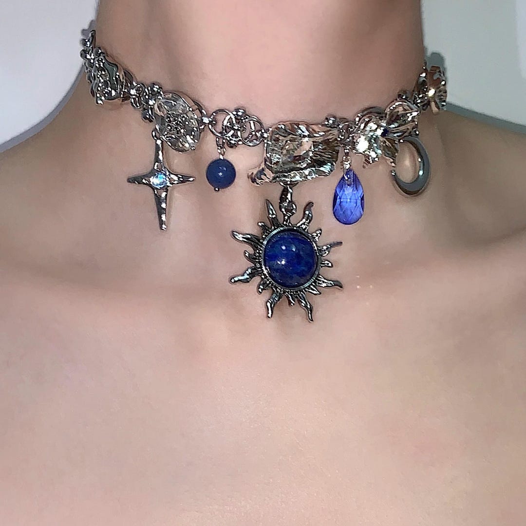 Lapis Lazuli Sun Star Moon Choker Necklace, Blue Silver Titanium Steel ...