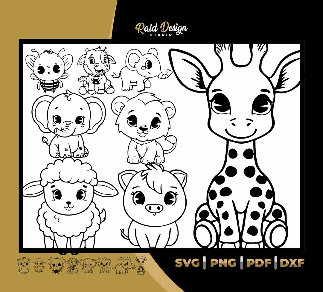 Baby Animals in Line Art, Coloring Design, Wild Animals for Children ...