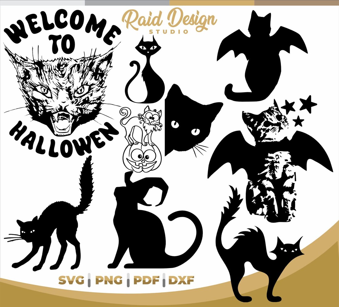 Silhouettes of Cute Cats for Halloween, Scared Cat Scene, Scary Cat for ...