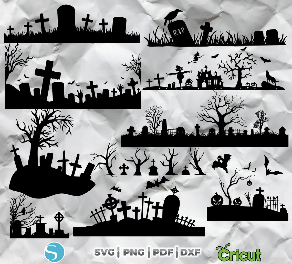 Cemetery Scene Bundle, Halloween Cemetery Designs, Cemetery Clipart ...