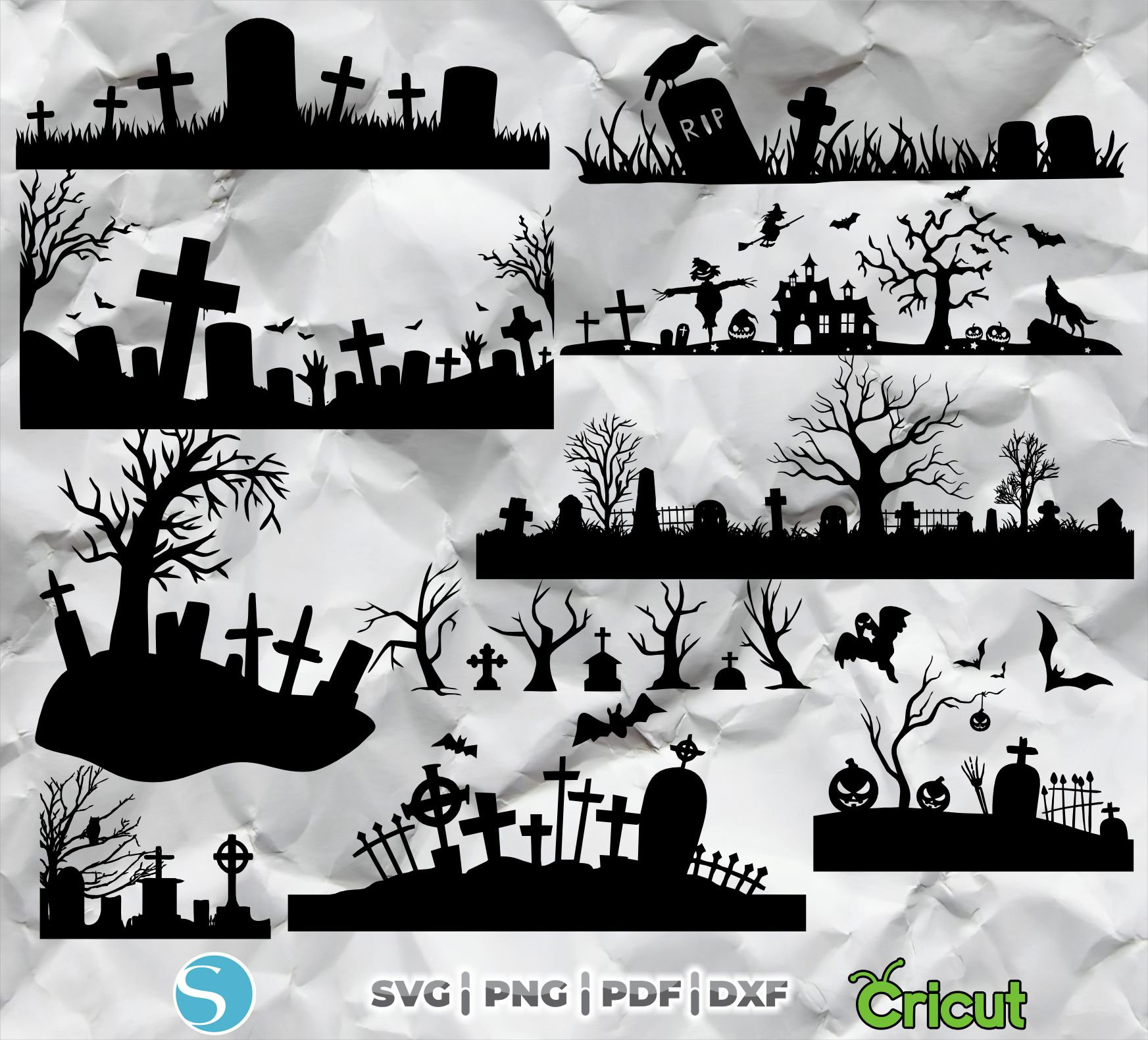 Cemetery Scene Bundle, Halloween Cemetery Designs, Cemetery Clipart ...