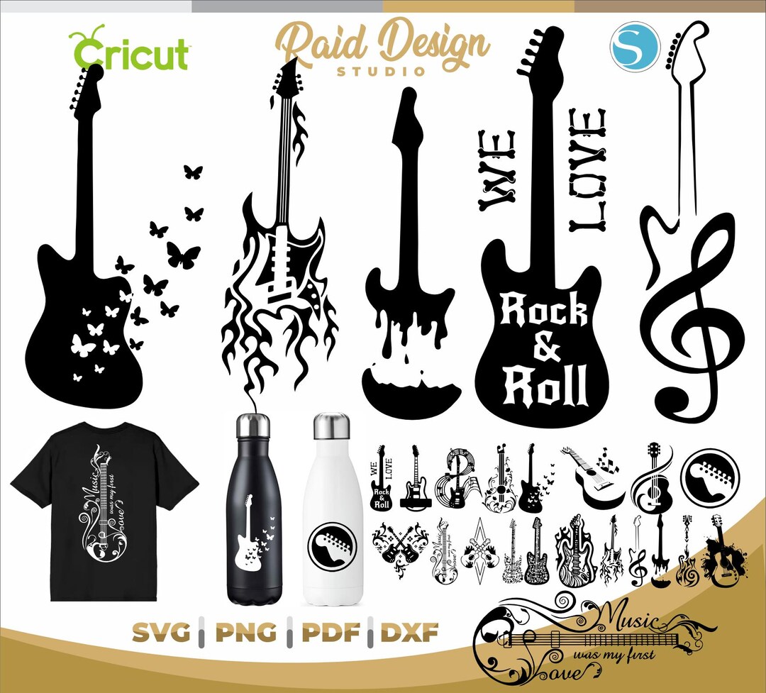 Guitar Designs, Svg Guitar Tribal, Guitar With Musical Notes, Dxf of ...