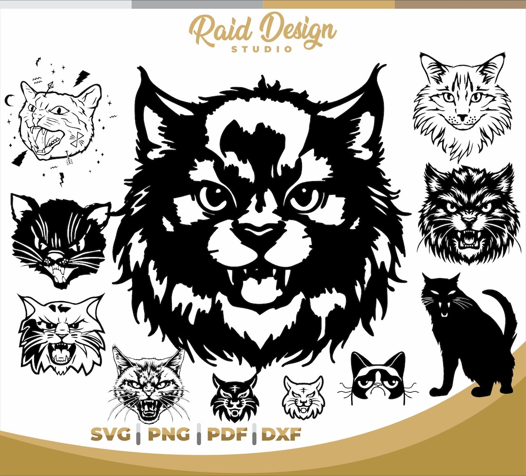 Angry Cat Face Silhouette in Svg, Angry Cat Face Svg, Cat Face Line Art ...