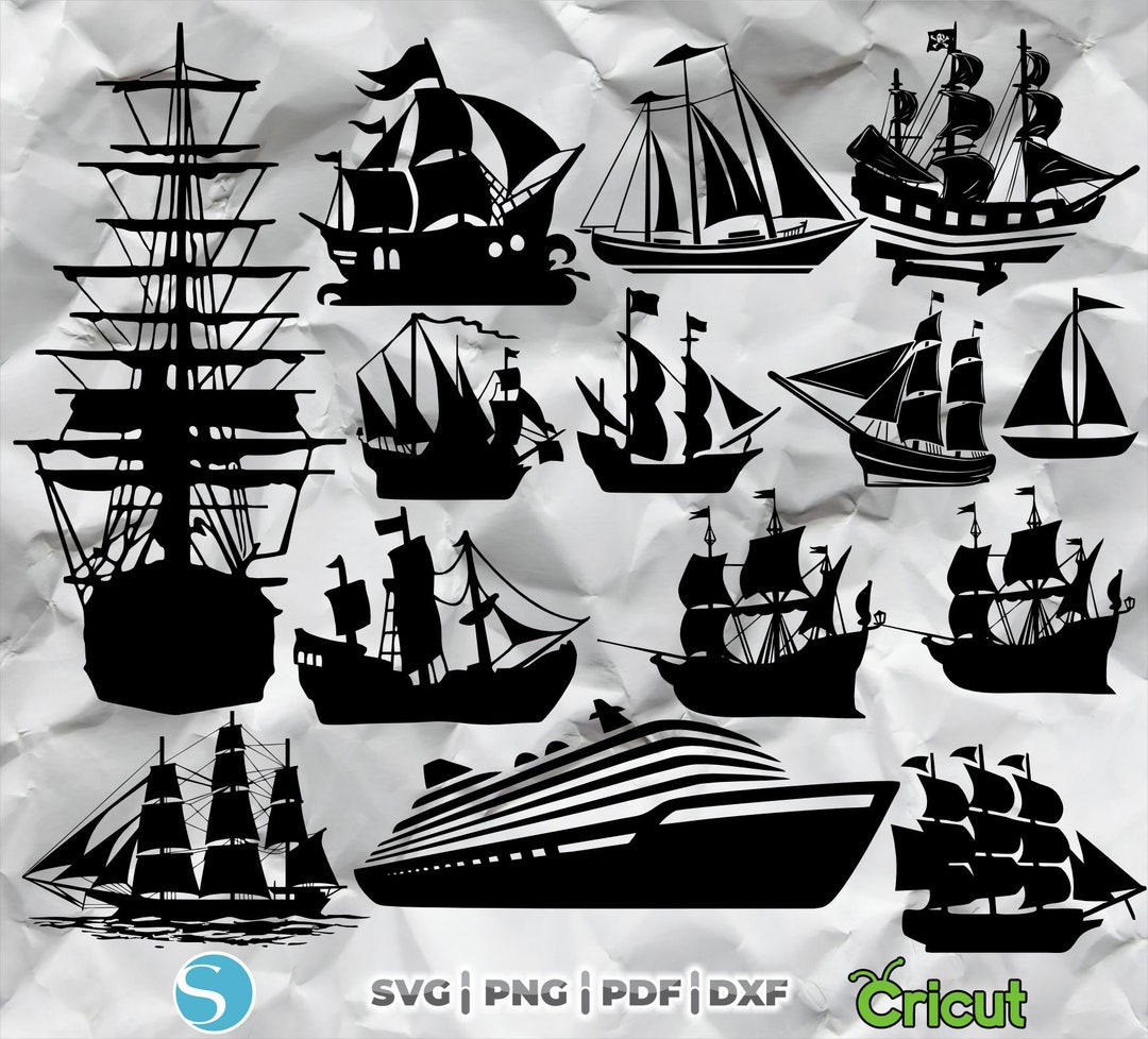 Ship Silhouette Bundle, Ship Lineart Designs, Ship Lineart, Big Ship ...