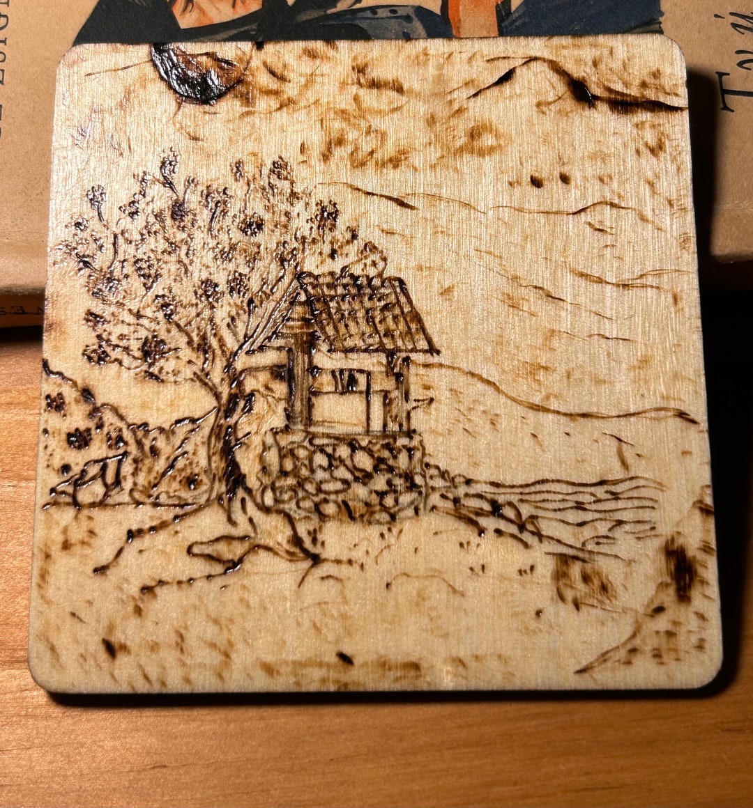 Handcrafted, Wood Burned, Pyrography Tree and Well Coaster. - Etsy