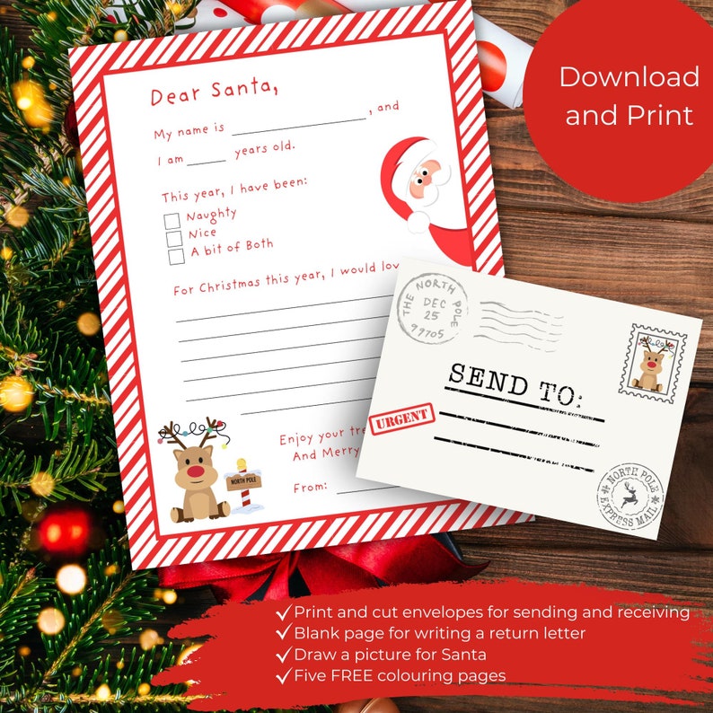 Letter to Santa Kit: Printable Christmas Wish List, Envelope (instant ...