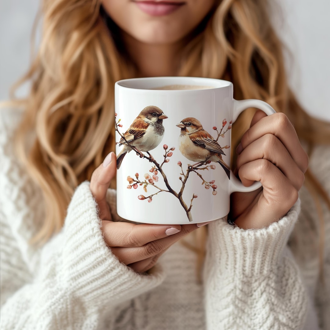 Watercolor Spring Floral Bird Mug, Sparrow Watercolor Mug, Nature Lover ...
