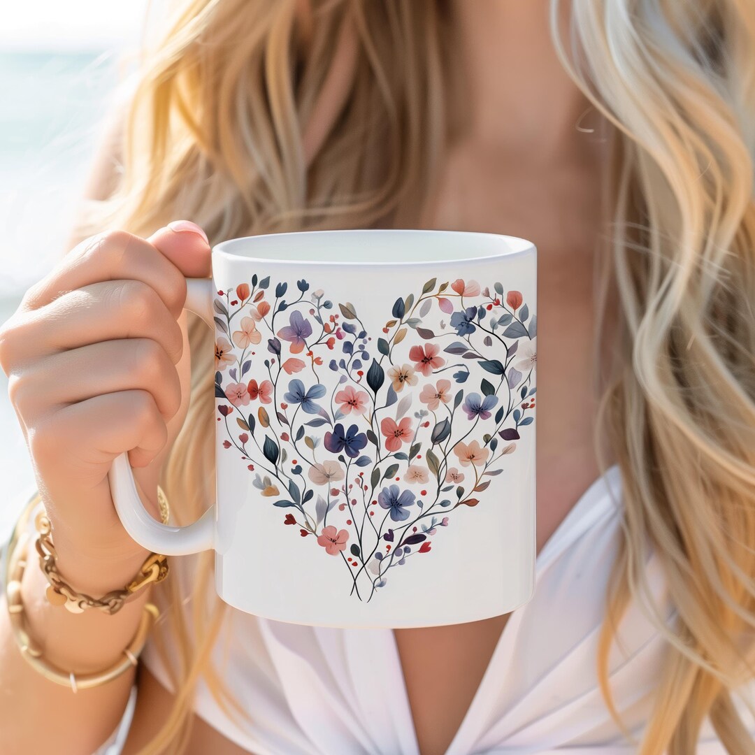 Floral Heart Mug: Pastel Flower Design, Serene Coffee Cup - Etsy