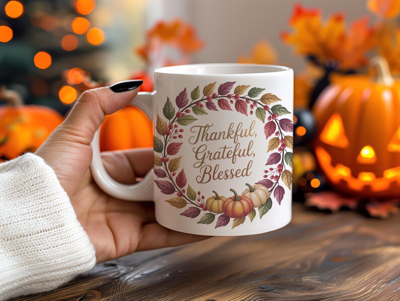 Thankful Grateful Blessed Fall Mug | Pumpkin Wreath Design - Etsy