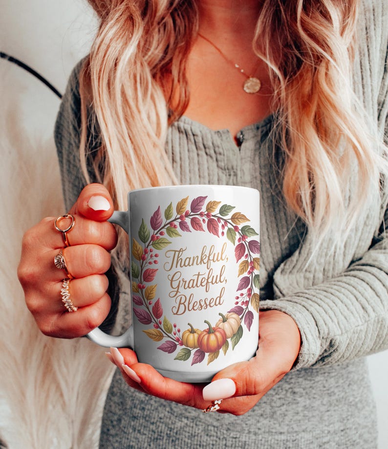 Thankful Grateful Blessed Fall Mug | Pumpkin Wreath Design - Etsy