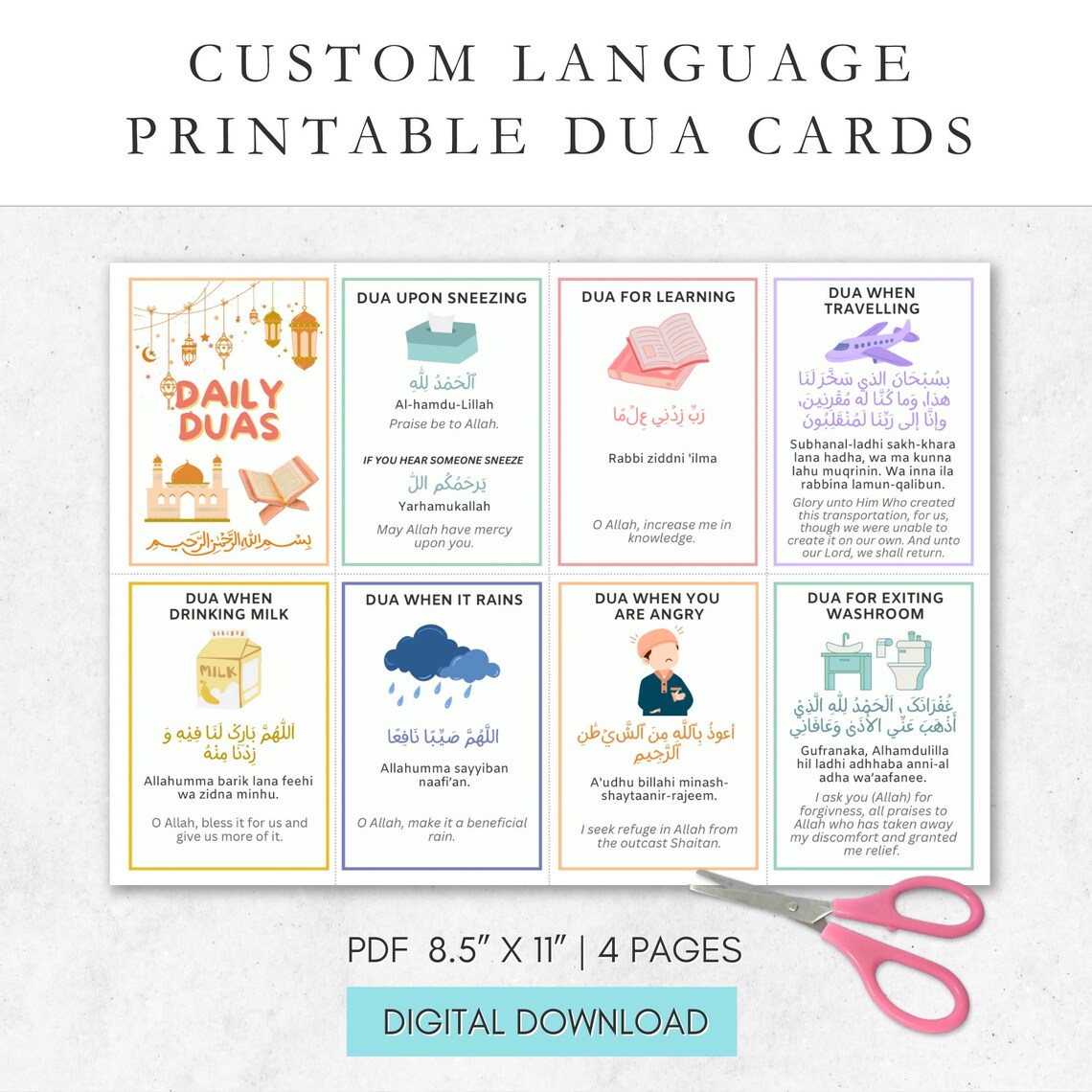 Custom Language Daily Dua Flashcards: Islamic Prayer Cards (digital ...