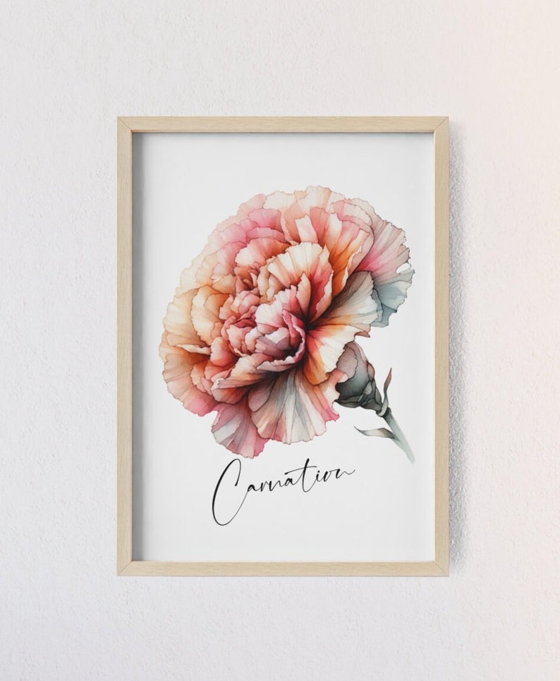 January Carnation Birth Flower Wall Art, Light Wood Frame Poster Print ...