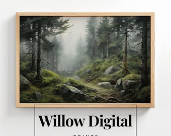 Printable Mountain Landscape Oil Painting Vintage Neutral Forest ...