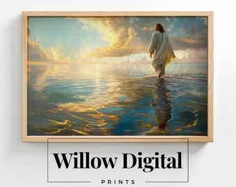 Jesus Christ Walking on Water Oil Painting Christian Artwork Bible Scriptures Savior Come Follow ...