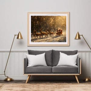 Christmas Santa Claus Reindeer Forest Path Oil Painting Vintage Neutral ...