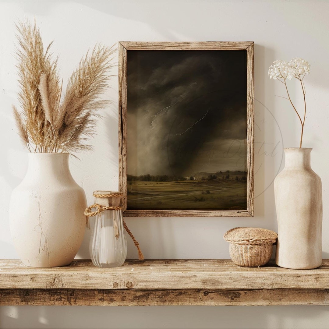 Tornado Field Twister Oil Painting Vintage Neutral Wildflowers Country ...