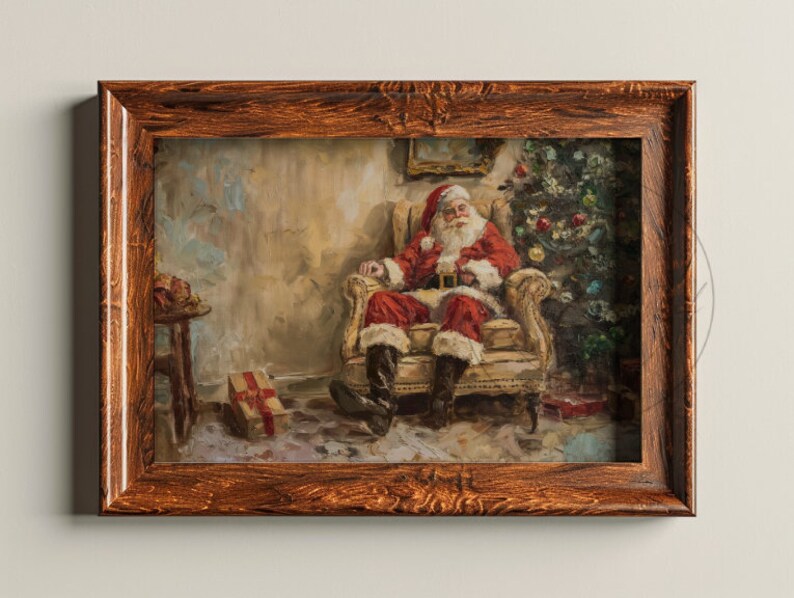 Christmas Santa Claus Sitting in a Chair Oil Painting Vintage Neutral ...