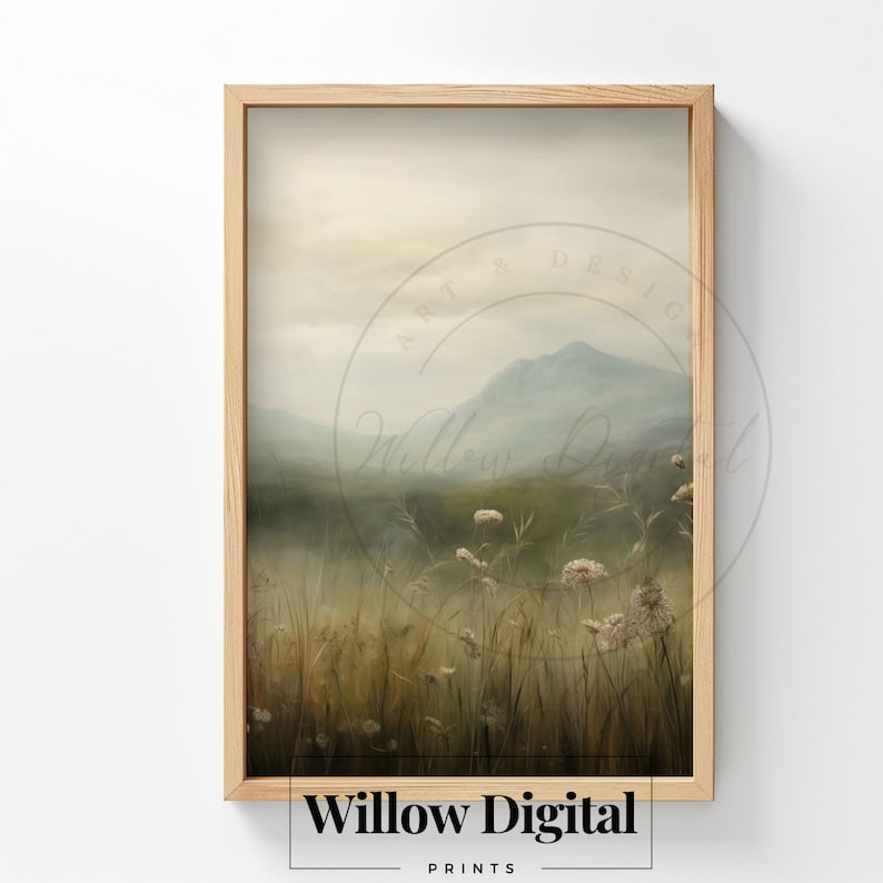 Printable Mountain Wildflower Landscape Oil Painting Vintage Neutral ...