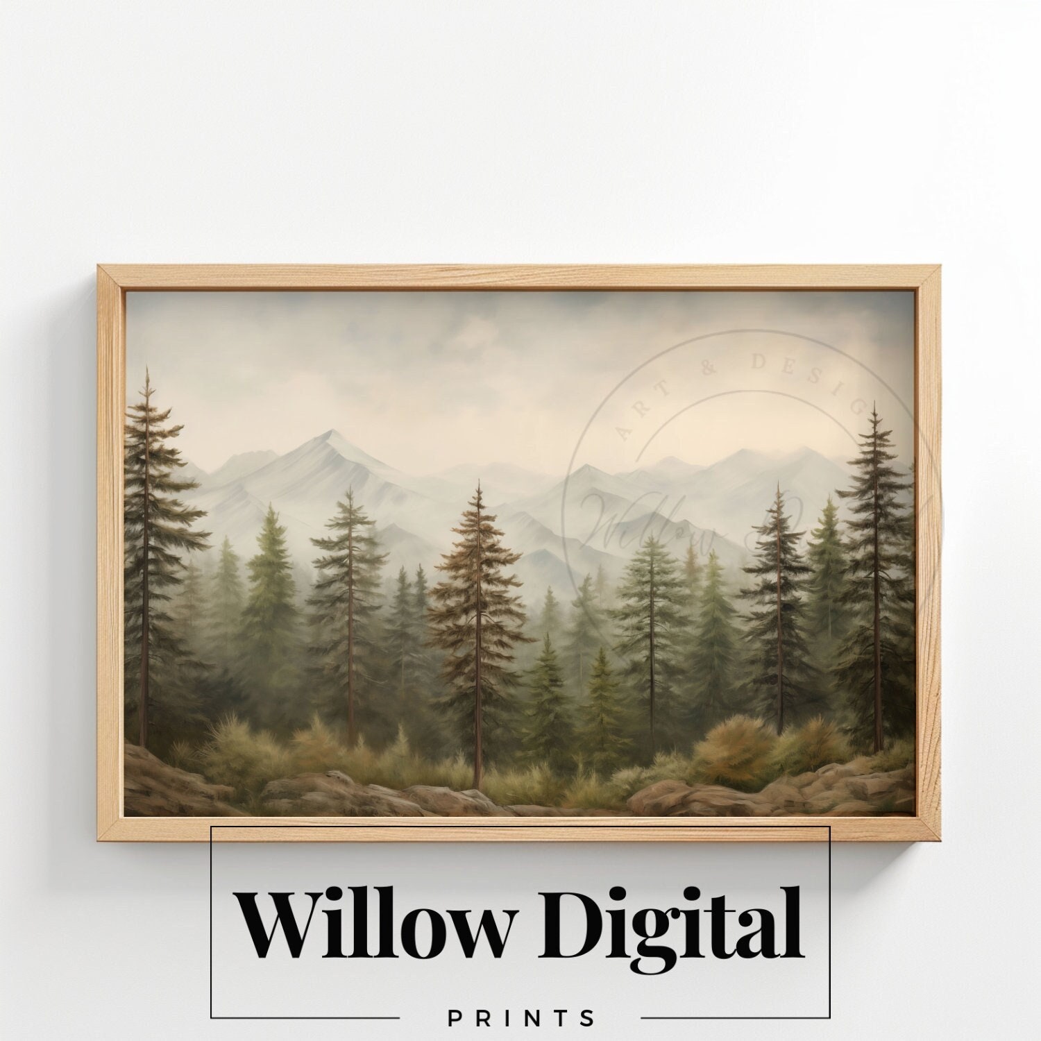 Printable Mountain Landscape Oil Painting Vintage Neutral Forest ...