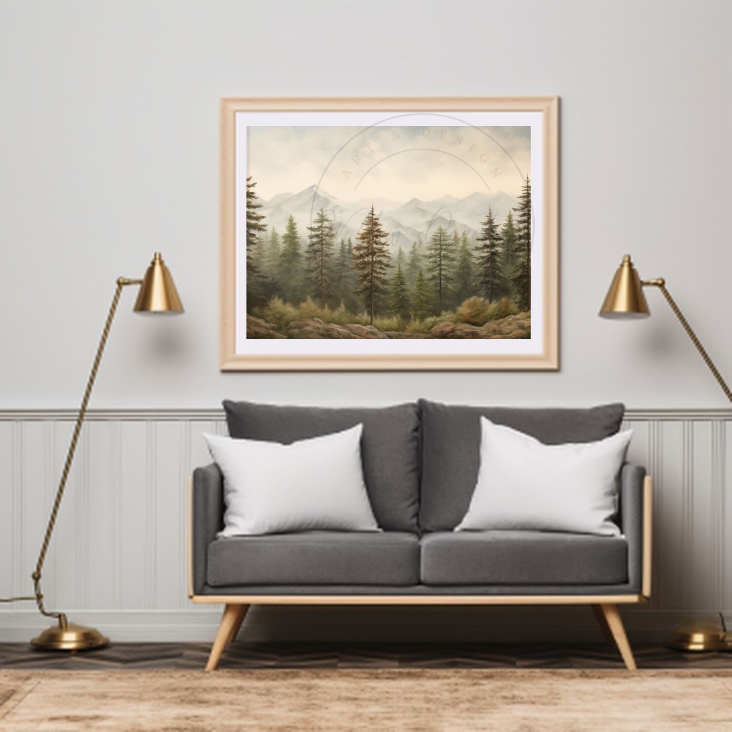 Printable Mountain Landscape Oil Painting Vintage Neutral Forest ...
