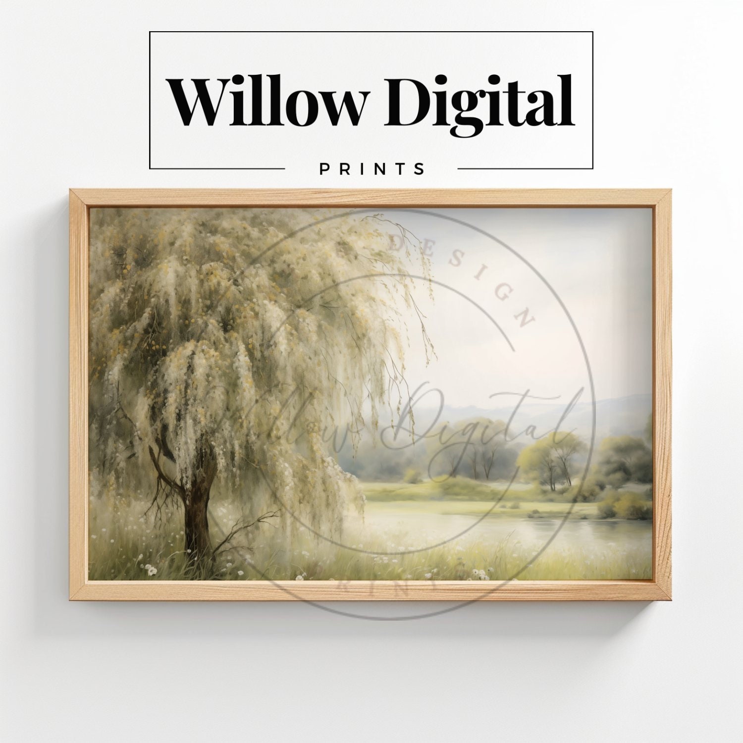 Printable Willow Landscape Oil Painting Vintage Neutral Wildflowers ...