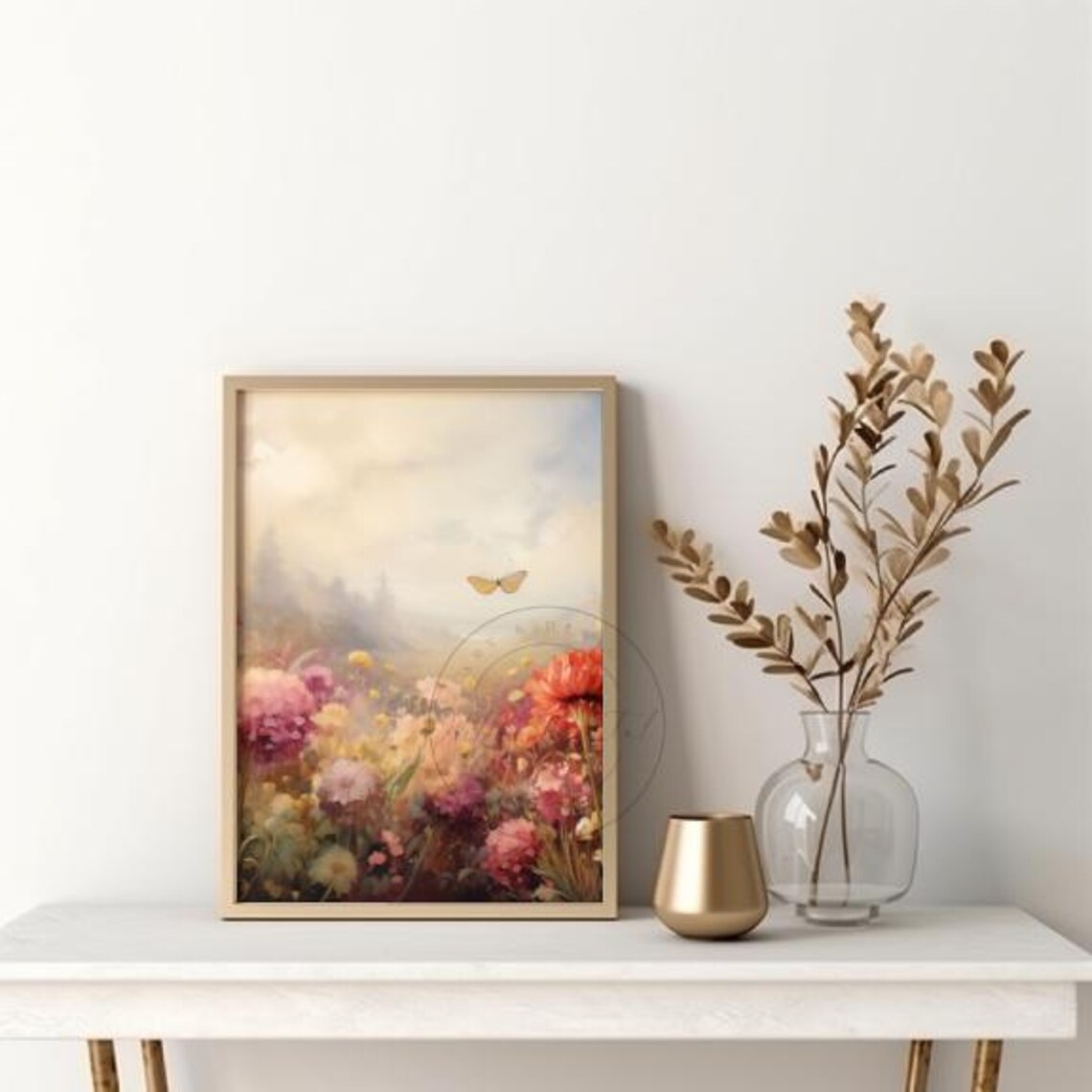 Colorful Wildflowers Landscape Butterfly Oil Painting Vintage Neutral ...