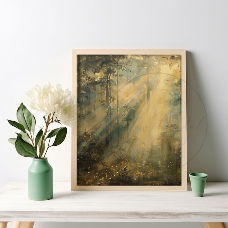 Spring Forest Tree Leaves Sun Rays Peeking Landscape Painting Vintage ...