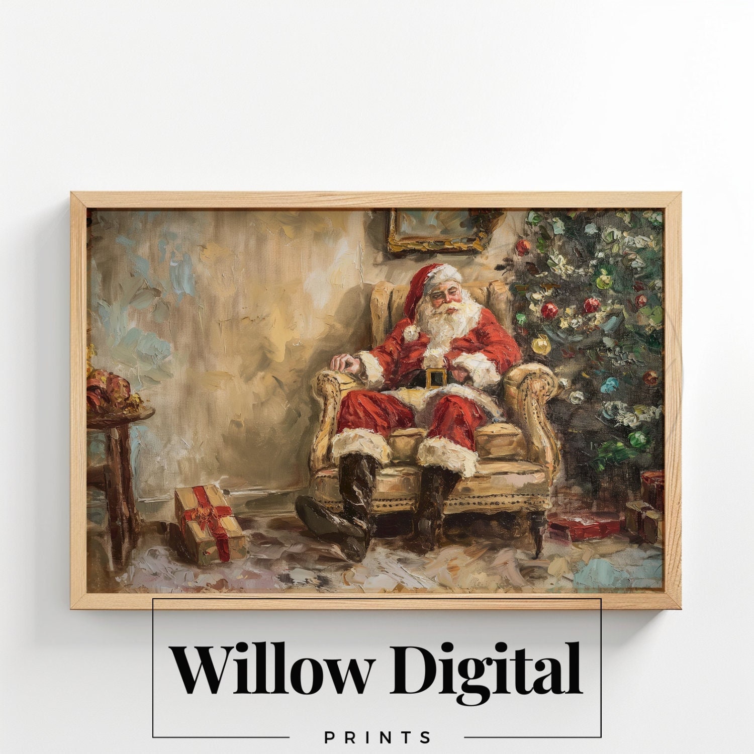 Christmas Santa Claus Sitting in a Chair Oil Painting Vintage Neutral ...