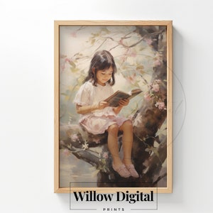 Girl Reading in a Tree Printable Painting Vintage Neutral Forest ...