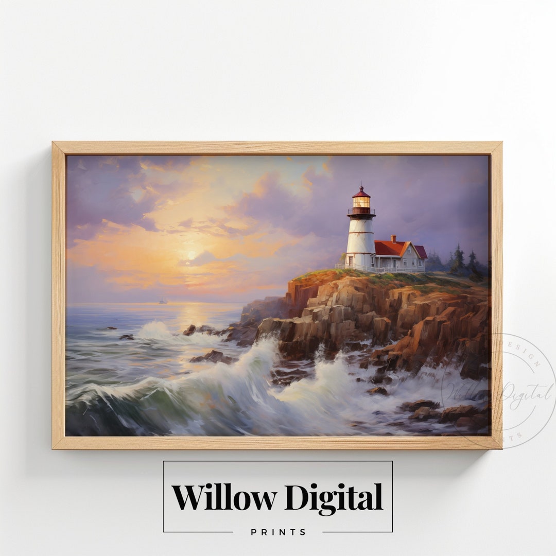 Printable Lighthouse Landscape Vintage Painting Coastal Print Farmhouse ...