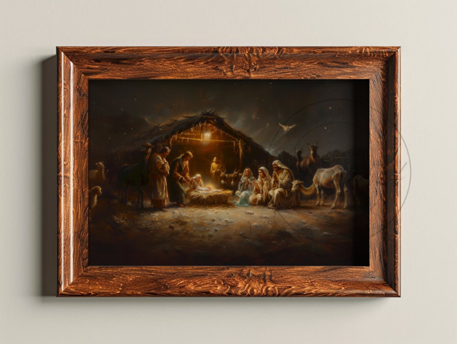 Christmas Nativity Scene Baby Jesus Oil Painting Vintage Neutral ...