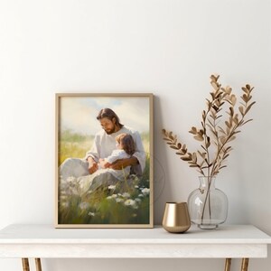 Jesus Christ Holding Child Come Follow Me He is Risen Oil Painting Christian Artwork Bible ...