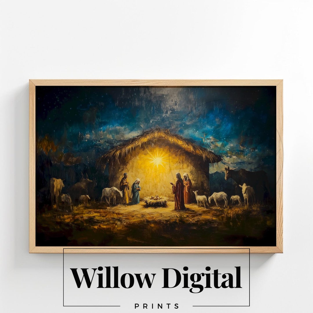Christmas Nativity Scene Baby Jesus Painting Vintage Neutral Religious ...