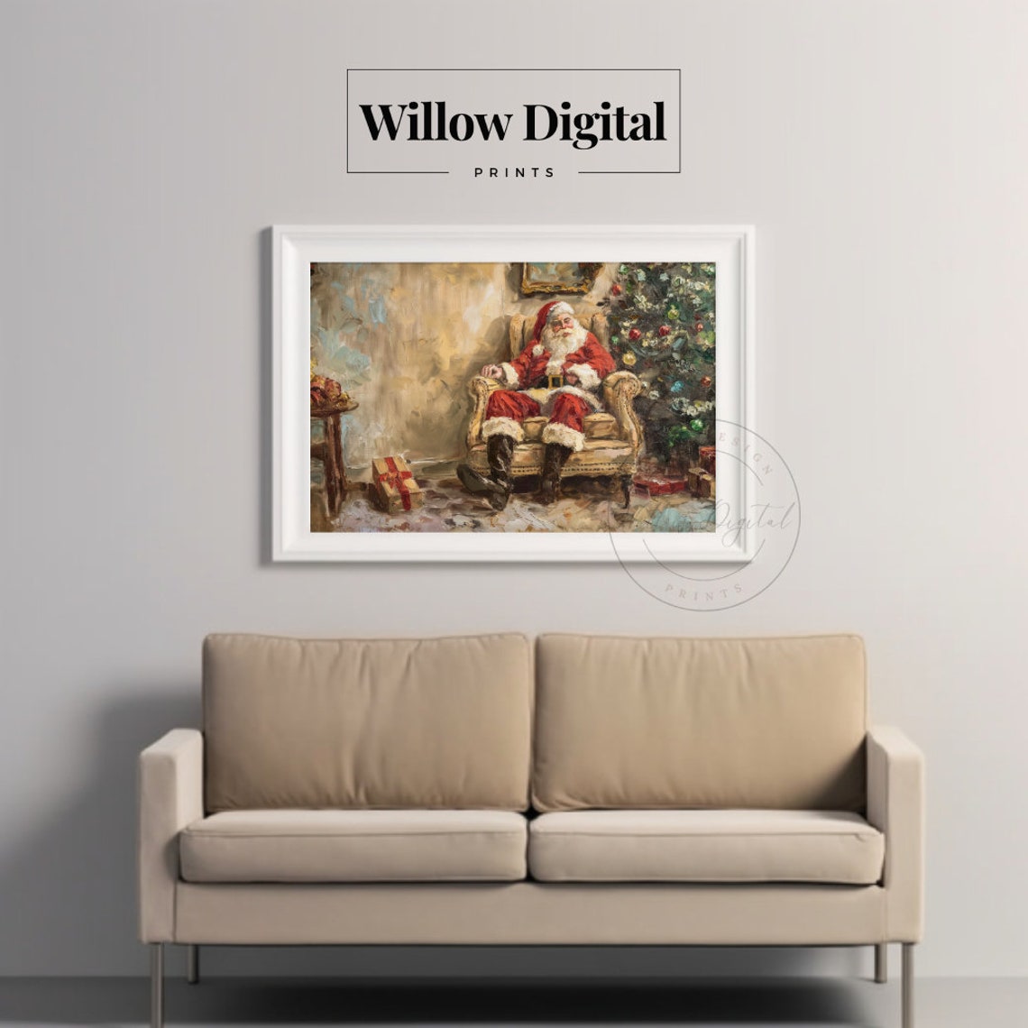 Christmas Santa Claus Sitting in a Chair Oil Painting Vintage Neutral ...